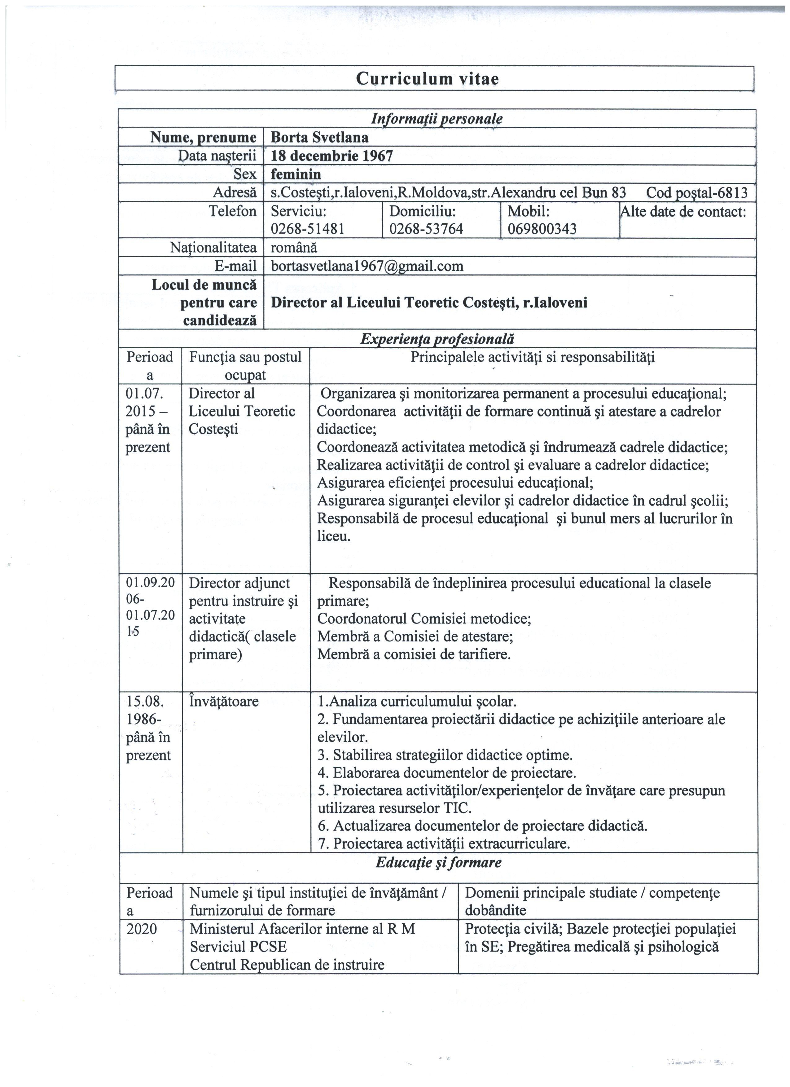 CV-ul directorului | Liceul Teoretic Costești